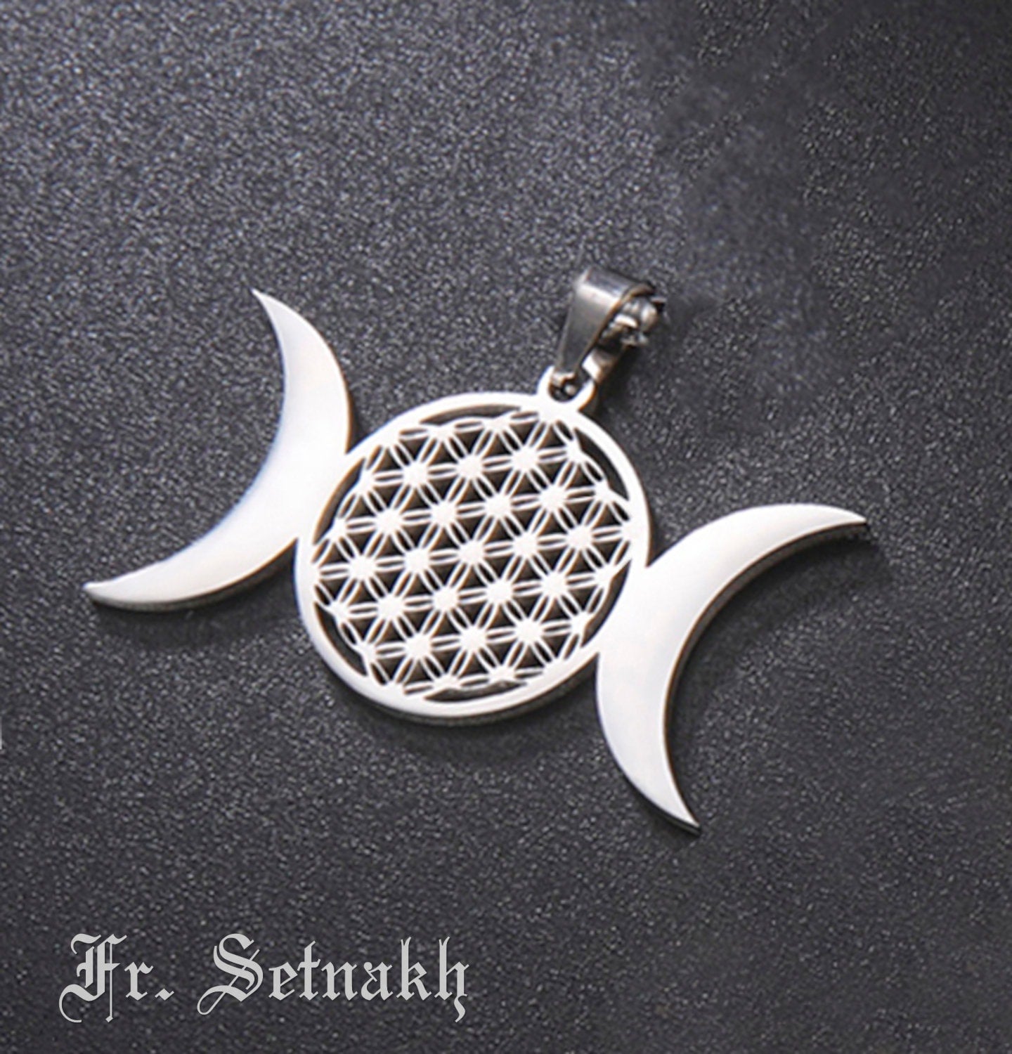 Triple Goddess Hecate & Flower of Life stainless steel pendant, the Go