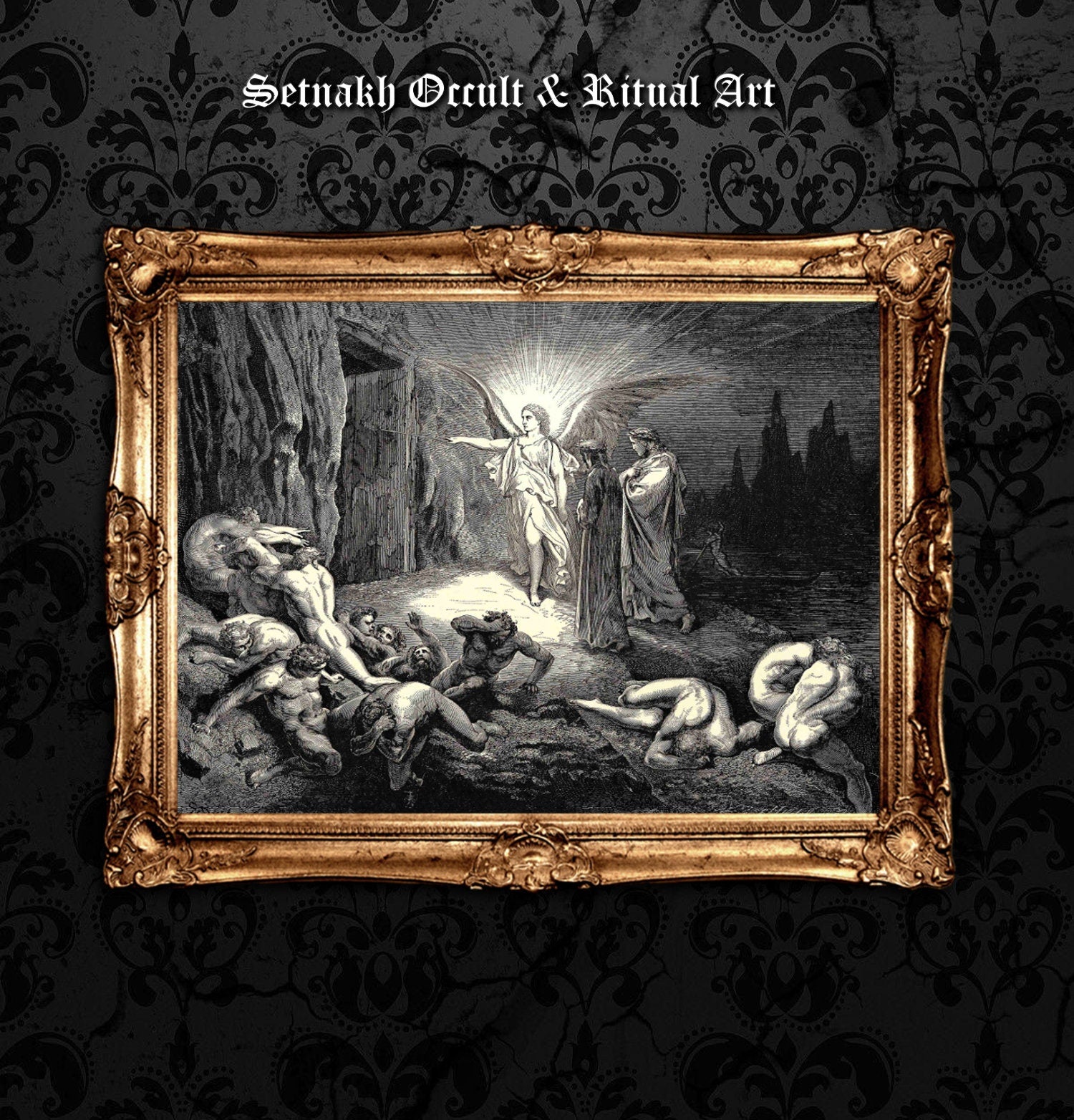 Angel opens the gates of Hell by Gustave Dore print, esoteric poster,