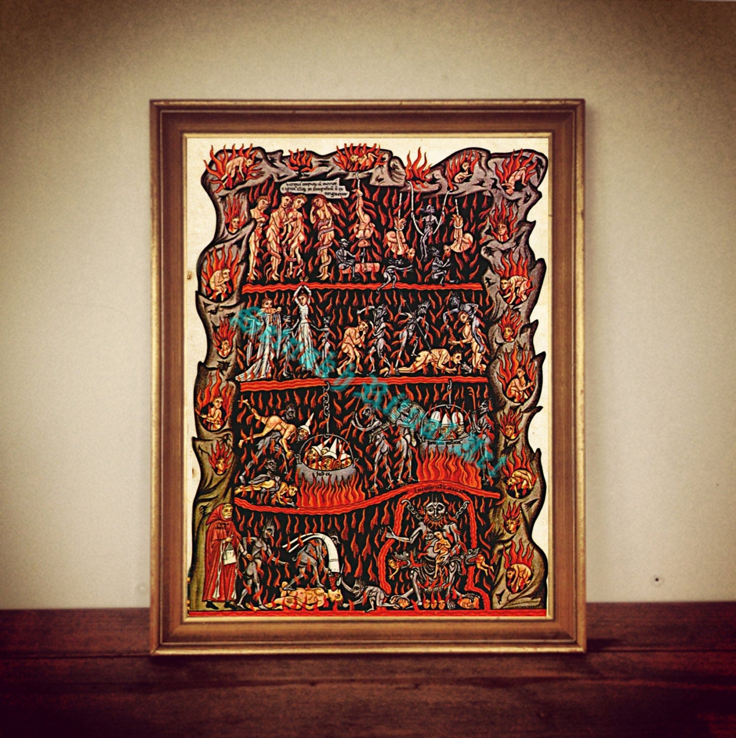 Hell print, Devil in Hell poster, demonic art, occult home decor, demo