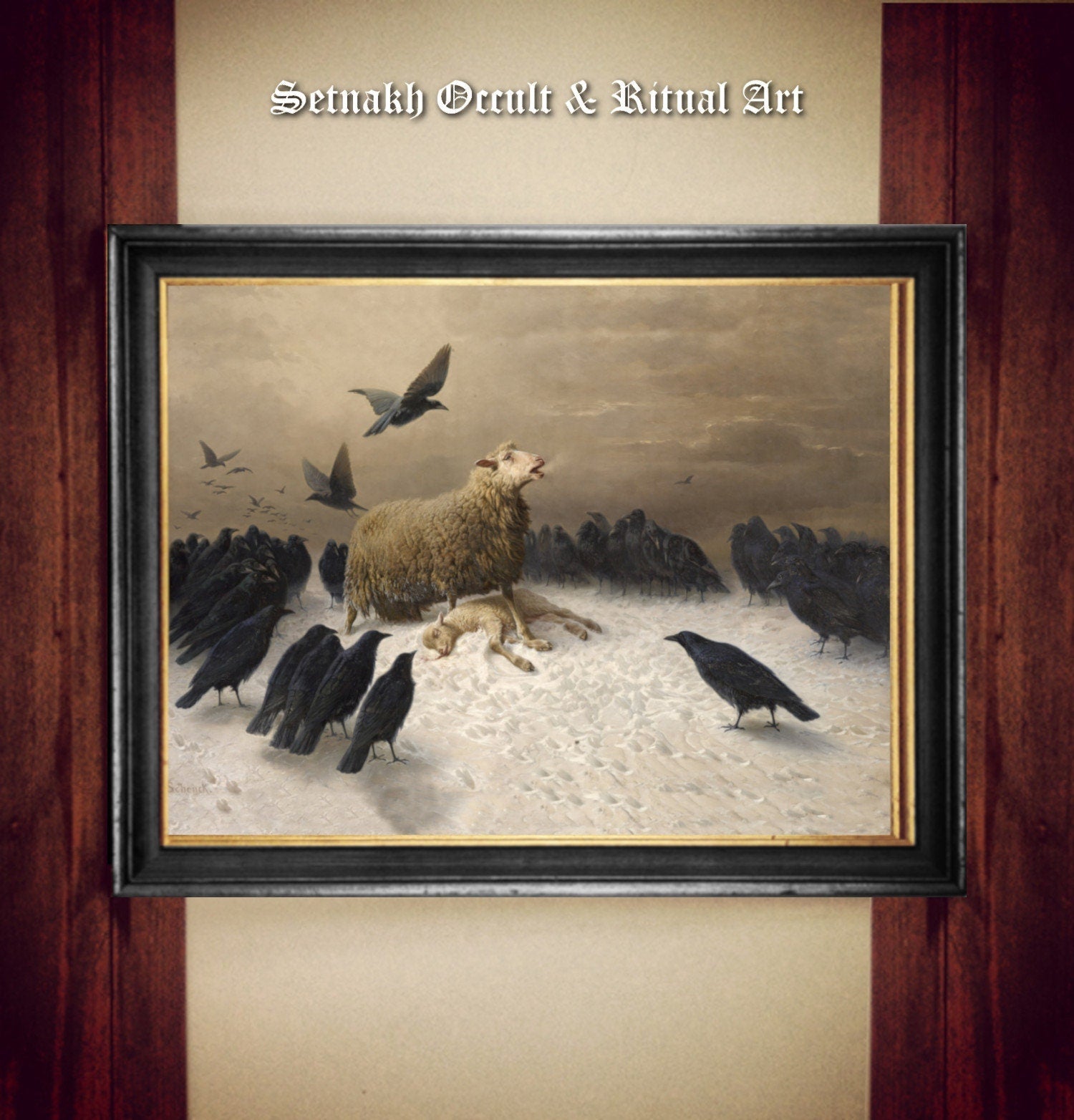 Anguish print, the death of a lamb, sorrow, mourning, despair, crows,