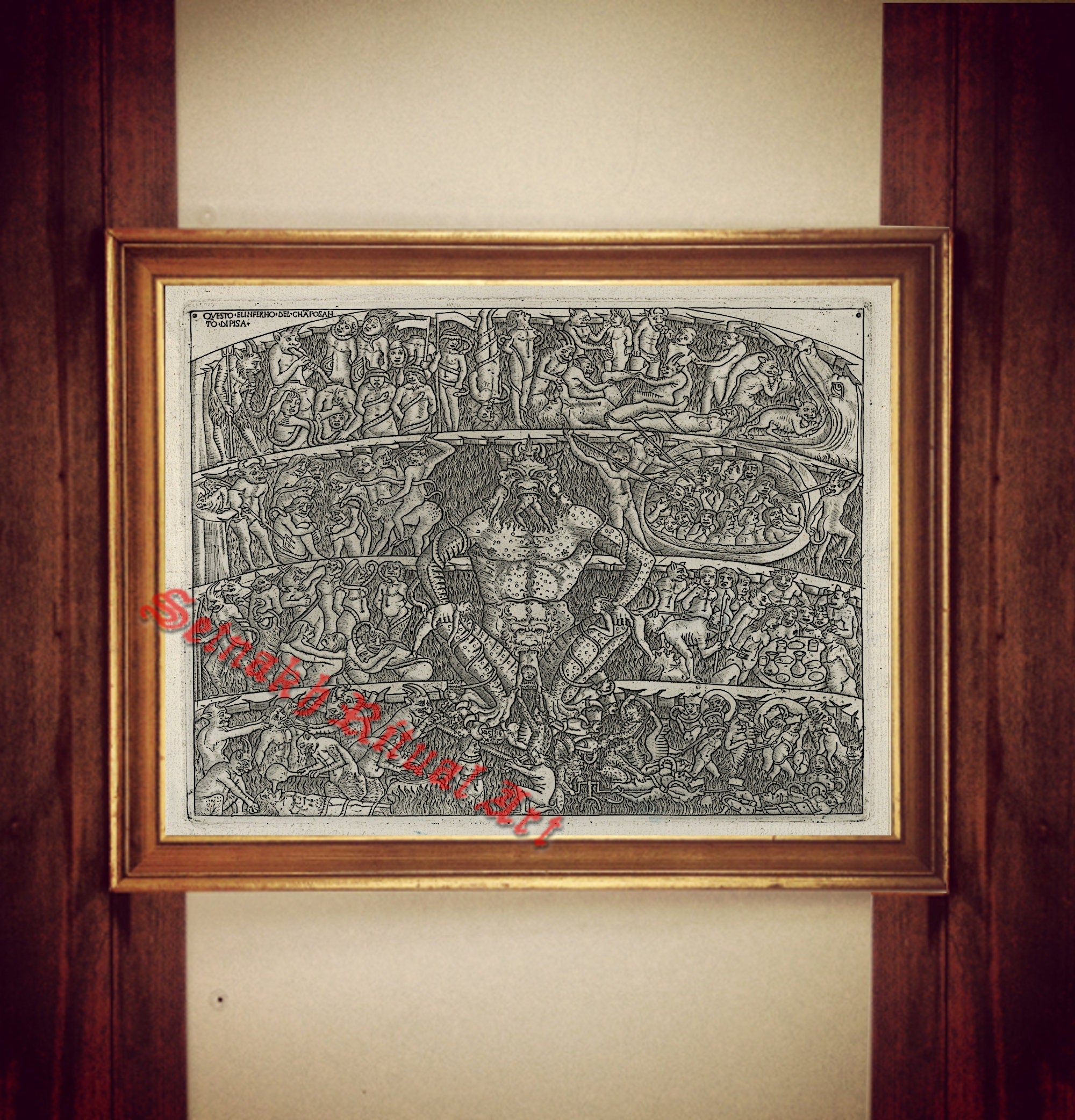Lucifer art print, occult art, antique print with Devil, demons and Sa