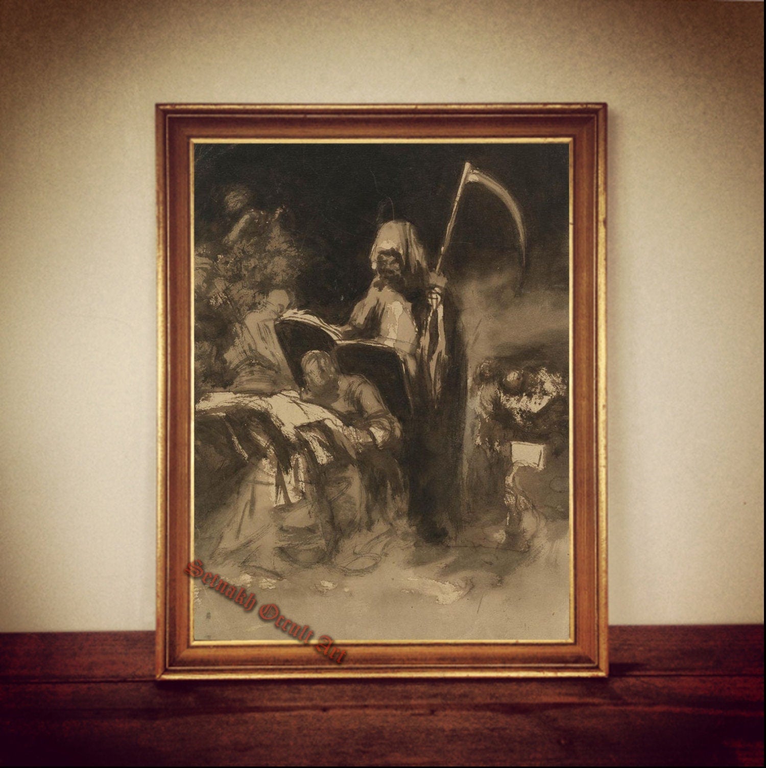 Death Reading from a Human Lectern print, occult poster, human skeleto